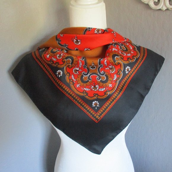 Vintage | Accessories | 96s Black Orange Rust Rain Fold Scarf | Poshmark